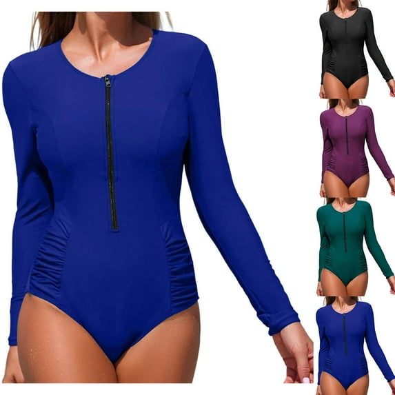 AHTJRT Women's Long Sleeve One Piece Swimsuits Crewneck Zipper Front ...