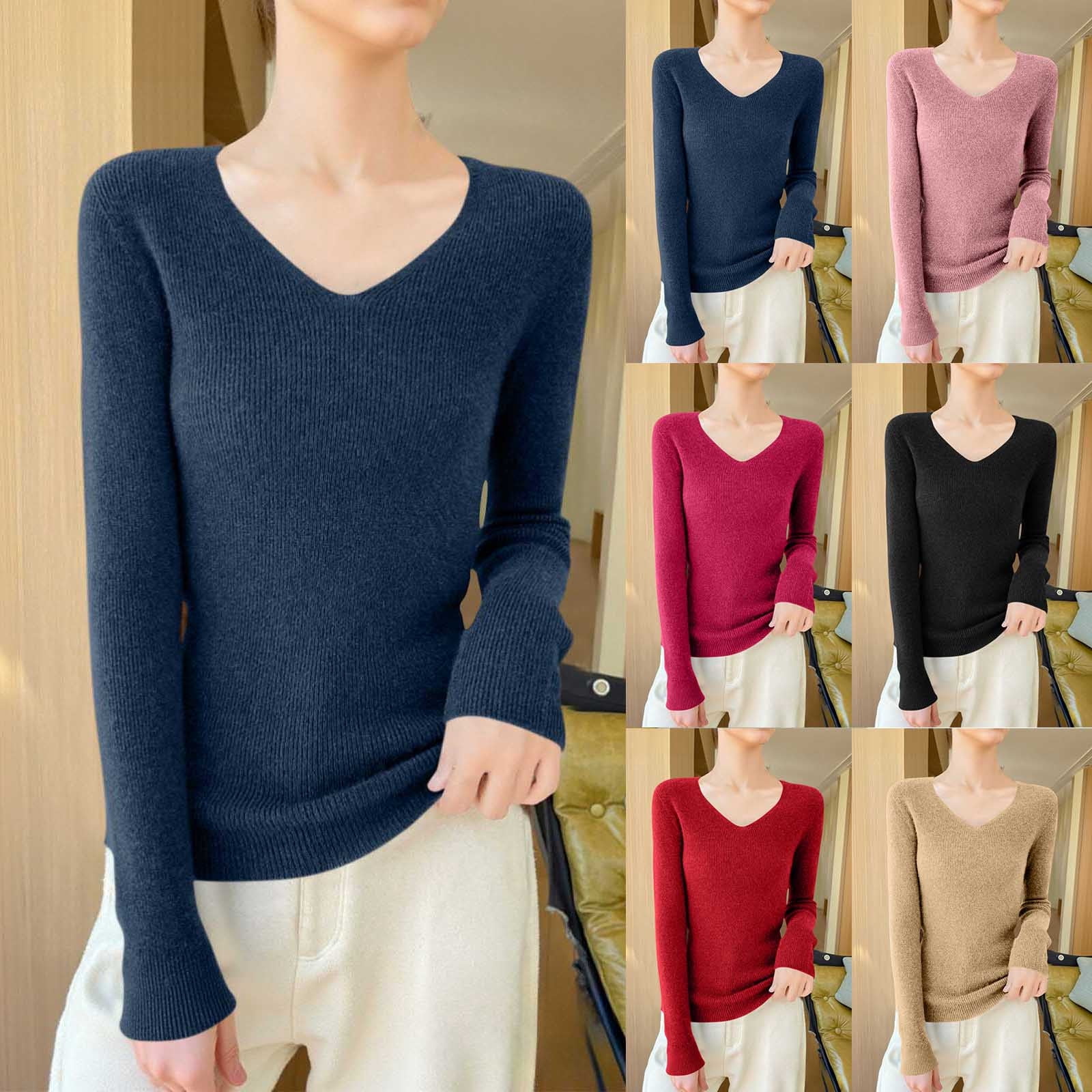 AHTJRT Women's Long Sleeve Sweaters V Neck Knitted Pullover Tops ...