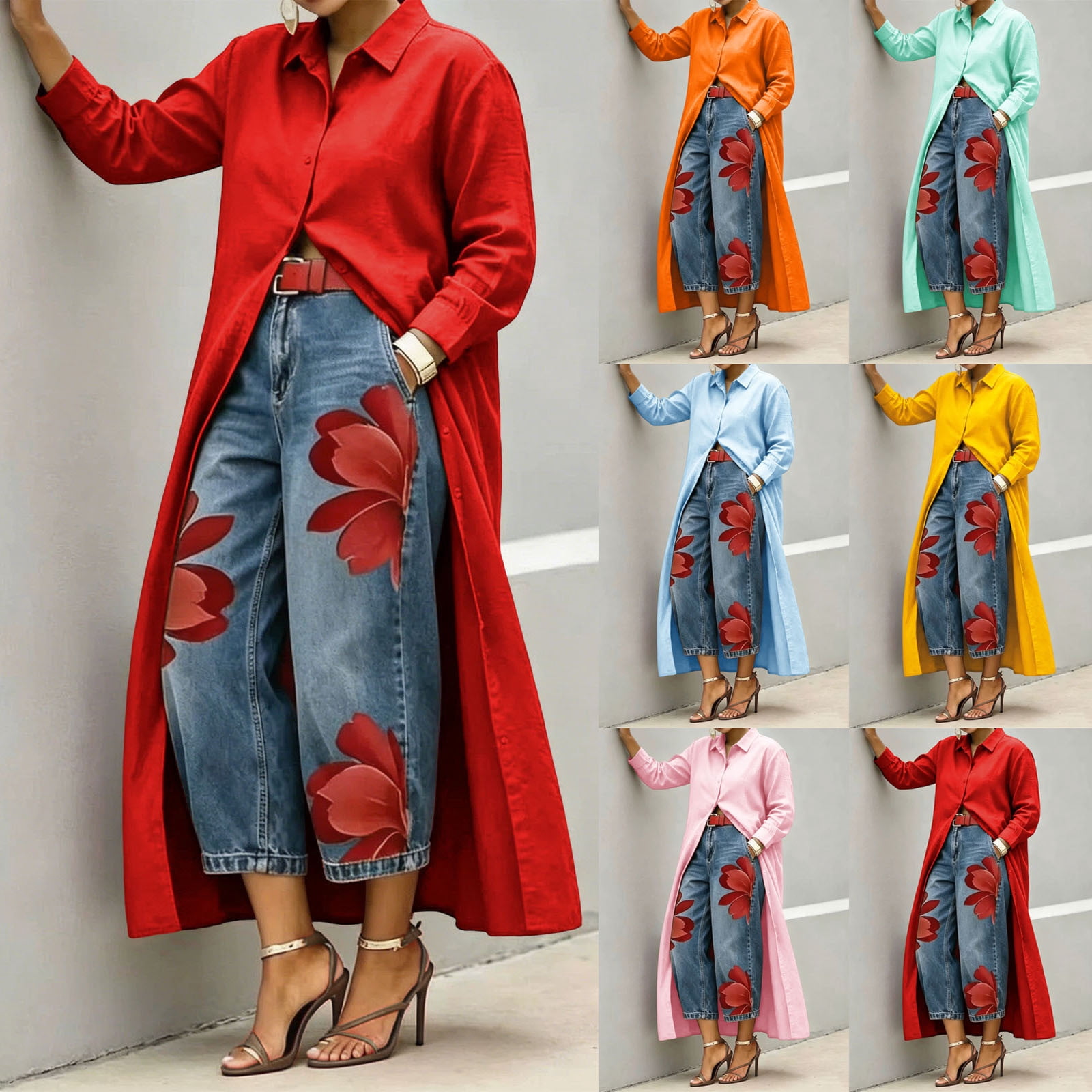AHTJRT Women's Maxi Shirt Dresses Long Sleeve Lapel Button Down Plus ...