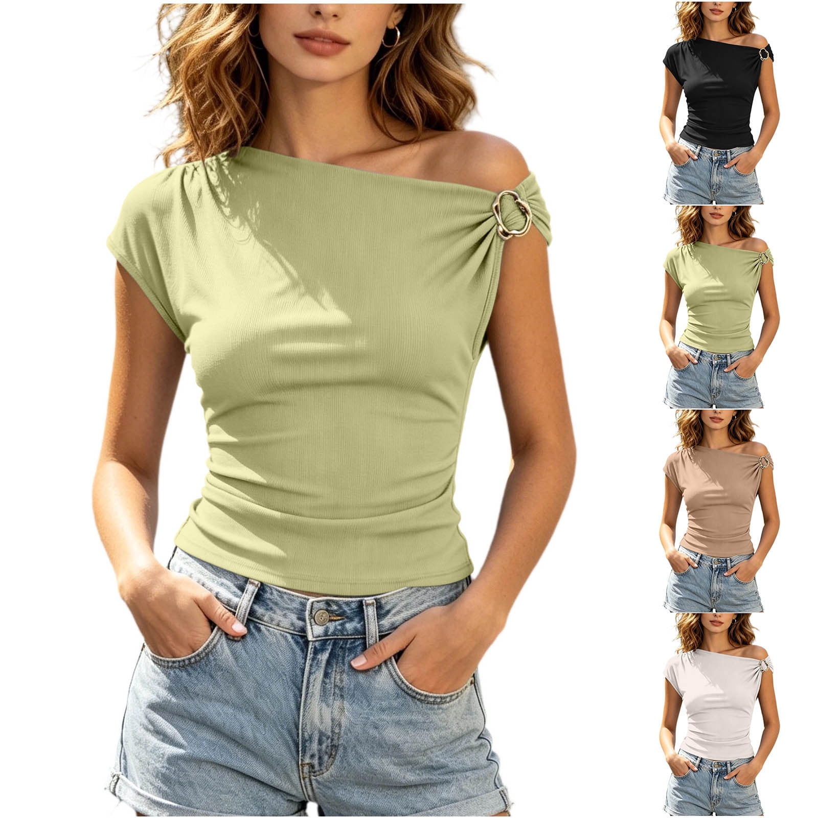 AHTJRT Women's Off Shoulder Crop Tops Asymmetric Ribbed Knit Fashion ...