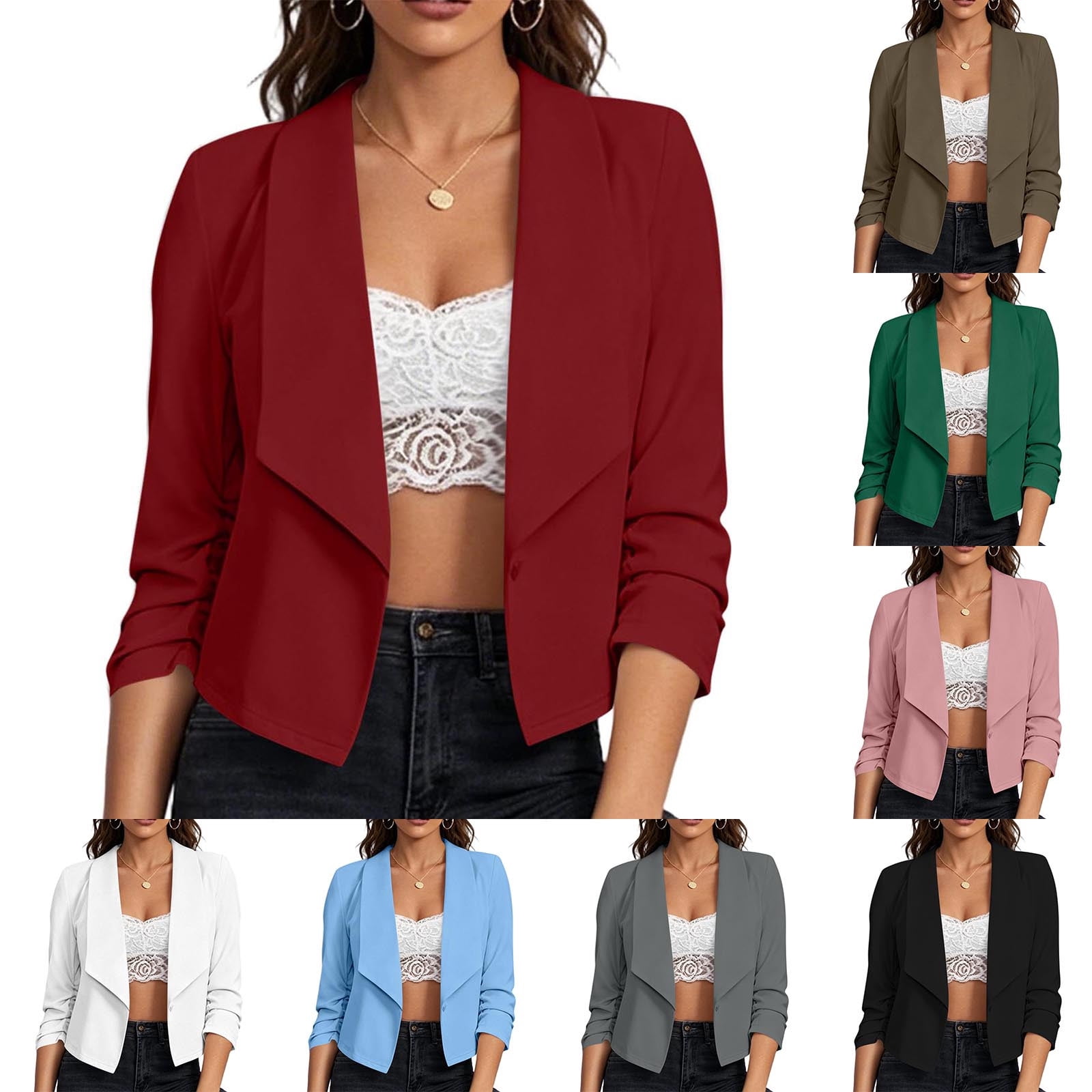 AHTJRT Women's Open Front Blazer Lapel 3/4 Sleeve Lightweight Suit ...