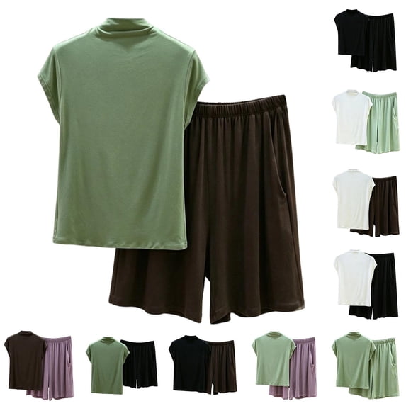 AHTJRT Women's Pajama Sets Mock Neck Cap Sleeve Tops Elastic Waist ...