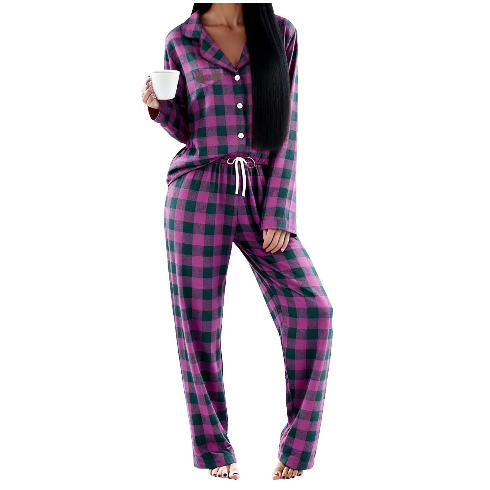 AHTJRT Women's Pajamas Set Fashion Plaid Button-Up Shirts Drawstring ...