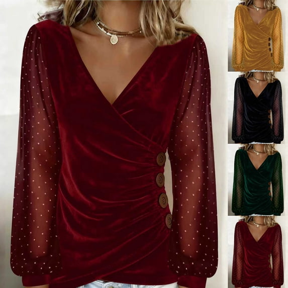 AHTJRT Women's Plus Size Velvet Long Sleeve Tshirt Deep V Neck Mesh ...