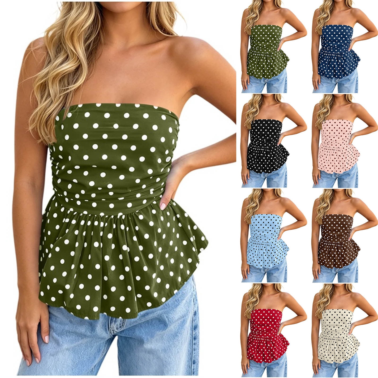 AHTJRT Women's Polka Dot Tube Tops Summer Cute Strapless Low Back ...