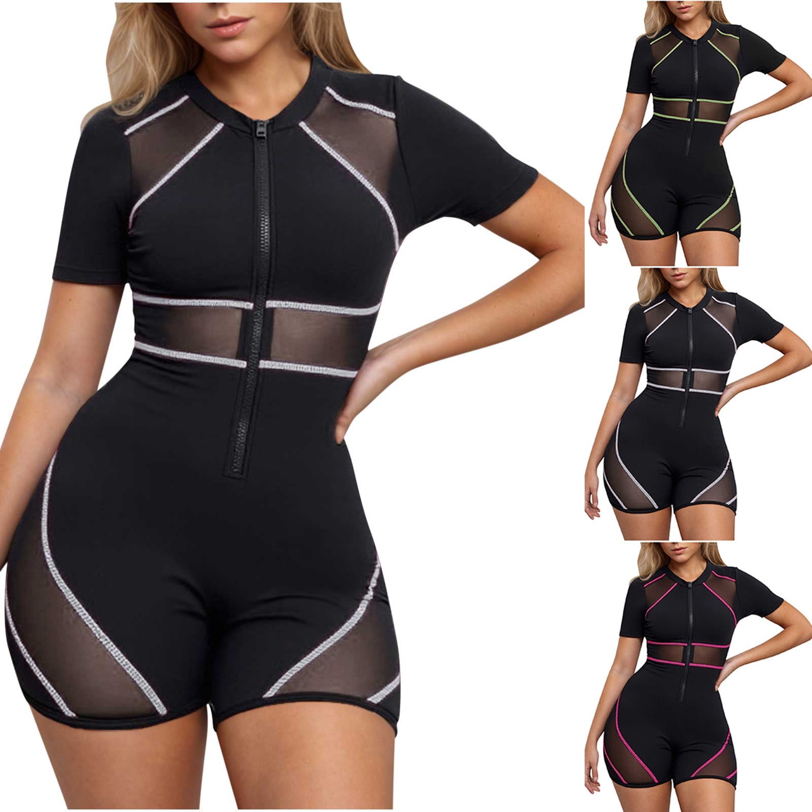 AHTJRT Women's Rash Guard Bathing Suit Sheer Short Sleeve Front Zipper ...