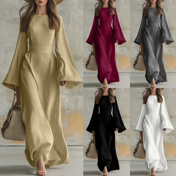 AHTJRT Women's Ribbed Maxi Dress Crew Neck Bell Long Sleeve Smocked ...