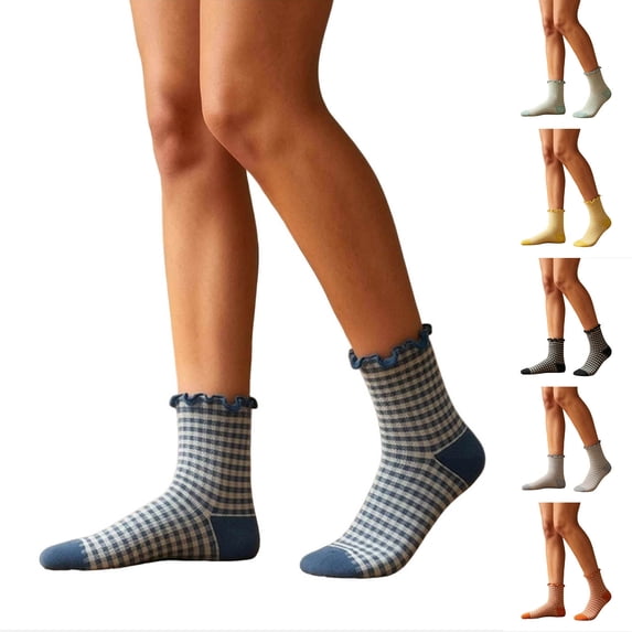 AHTJRT Women's Ruffle Striped Frilly Socks Gingham Plaid Cute Cotton ...