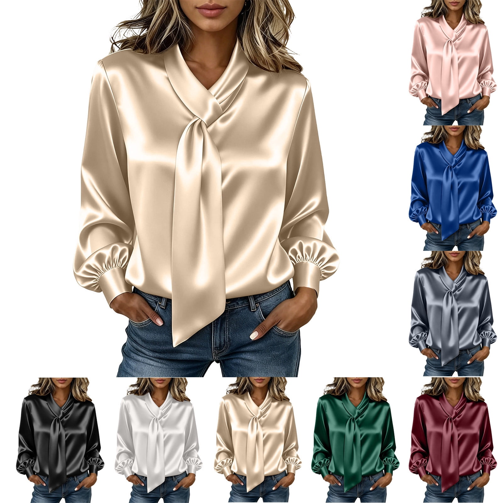 AHTJRT Women's Satin Blouse Bell Long Sleeves V Neck Tie Front Dressy ...