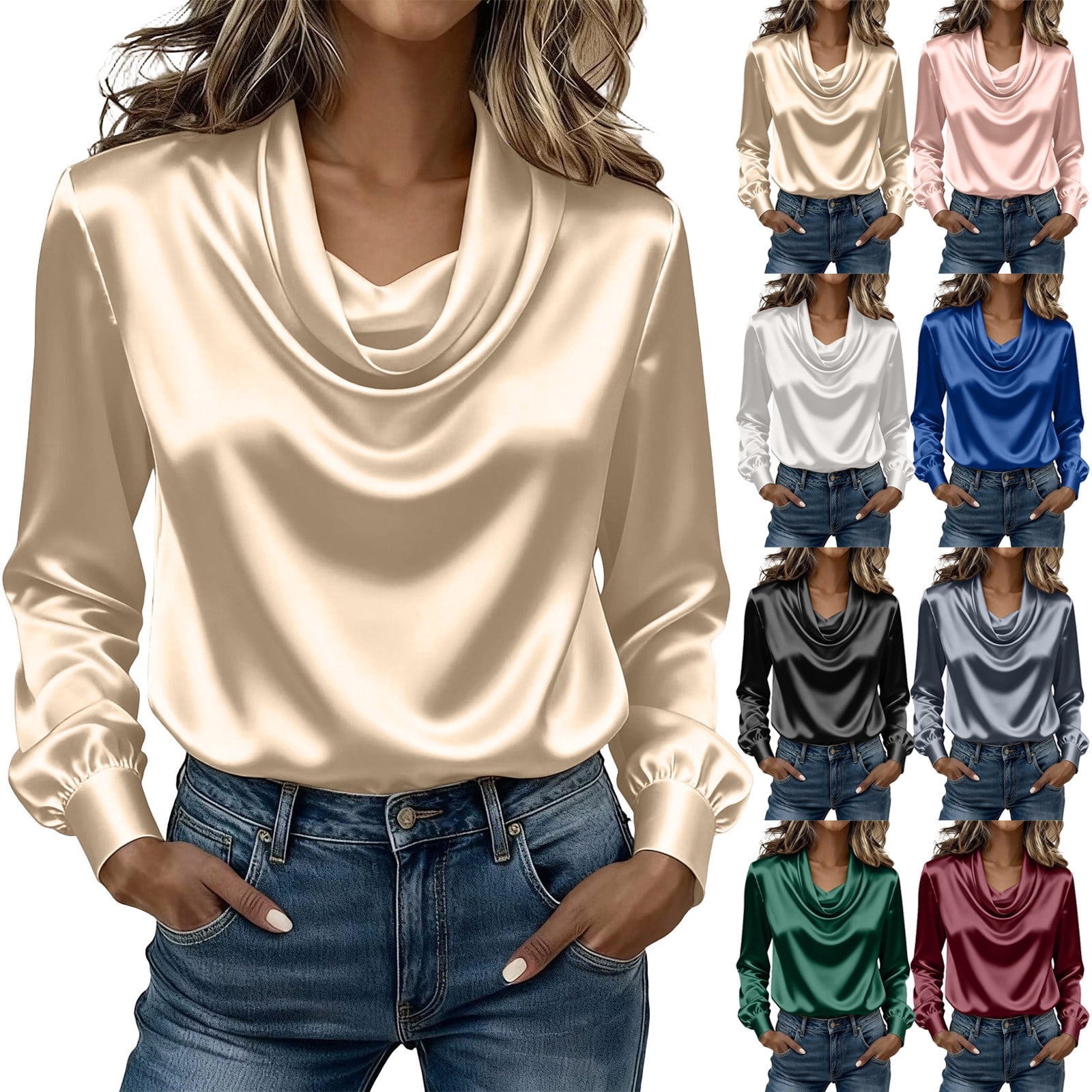 AHTJRT Women's Satin Cowl Neck Tops Long Sleeve Silky Soft Shirts Fall ...