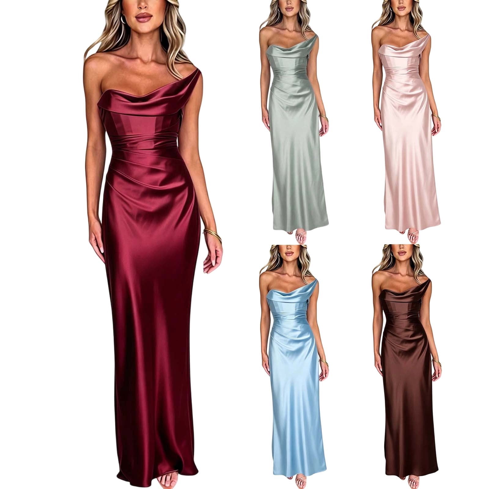 AHTJRT Women's Satin Off the Shoulder Dress Elegant Ruched Strapless ...