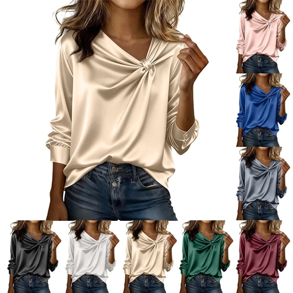 AHTJRT Women's Satin T Shirt Silky Soft 3/4 Sleeve Blouse Fashion Fall ...