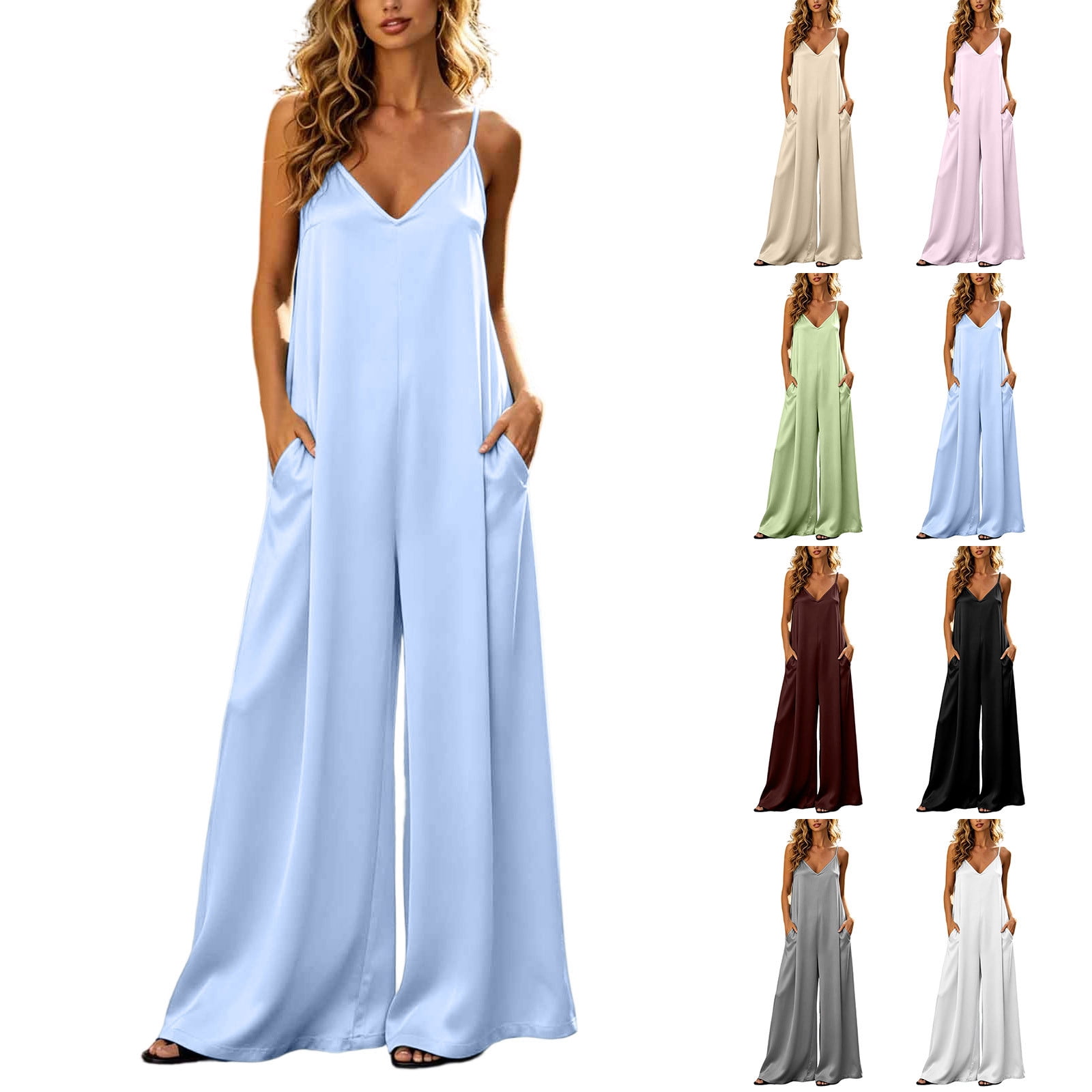 AHTJRT Women's Satin Wide Leg Jumpsuits Dressy Boho Casual Flowy ...