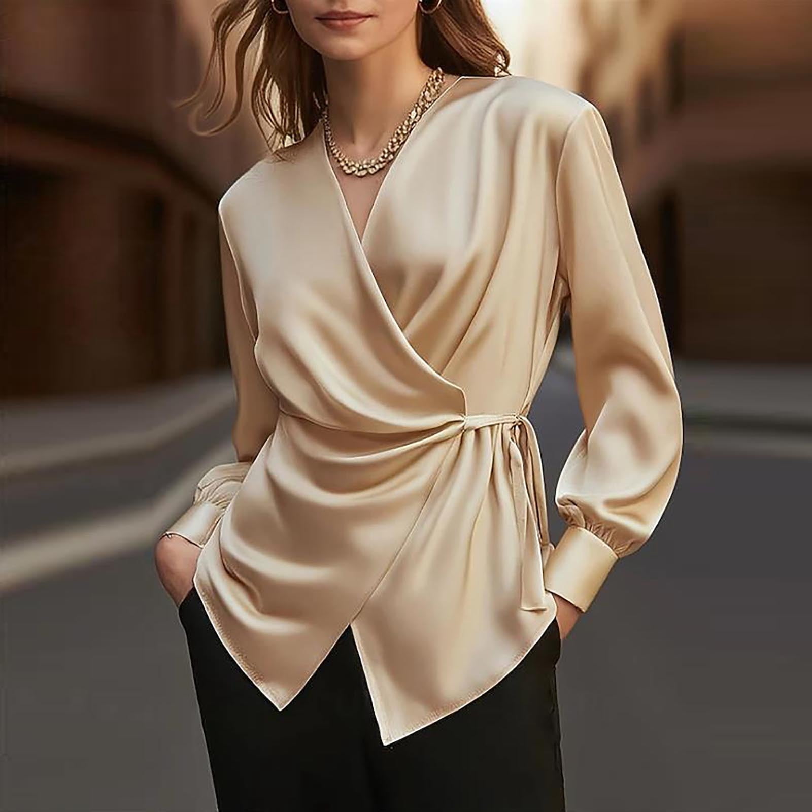 AHTJRT Women's Satin Wrap Tops V Neck Long Sleeves Blouse Casual ...