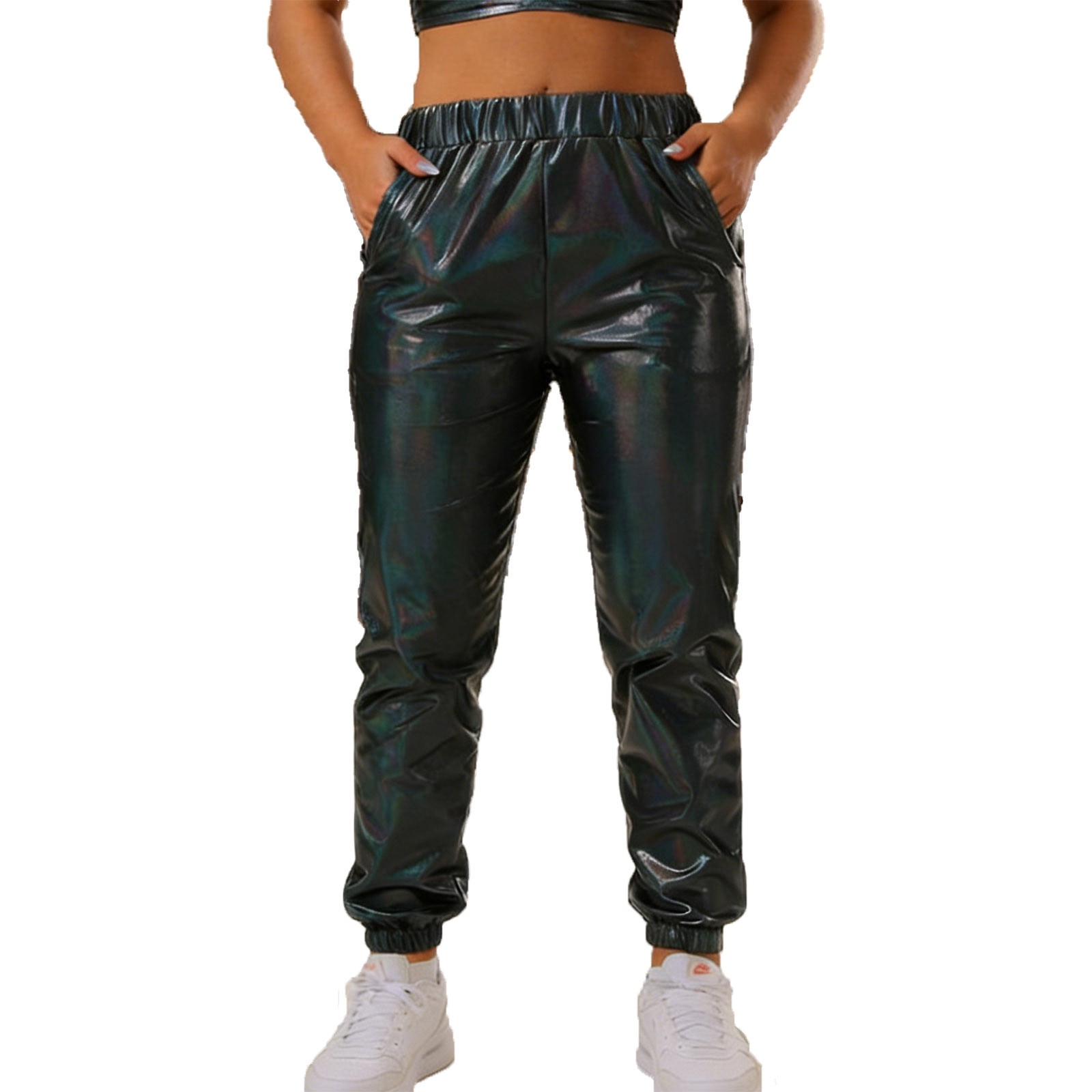 AHTJRT Women's Shiny Metallic Pants High Waist Stretchy Joggers Wet ...