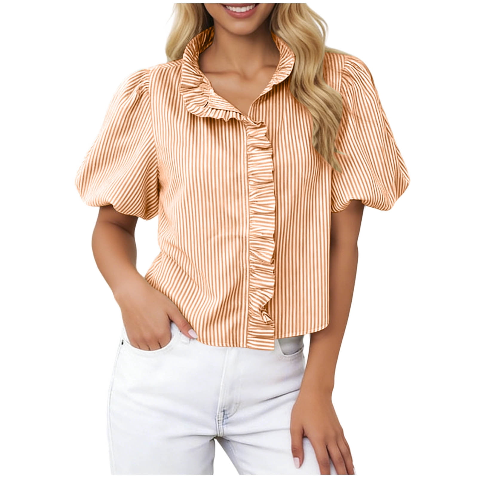 AHTJRT Women's Short Puff Sleeve Button Down Shirts Ruffle Flounce Trim ...