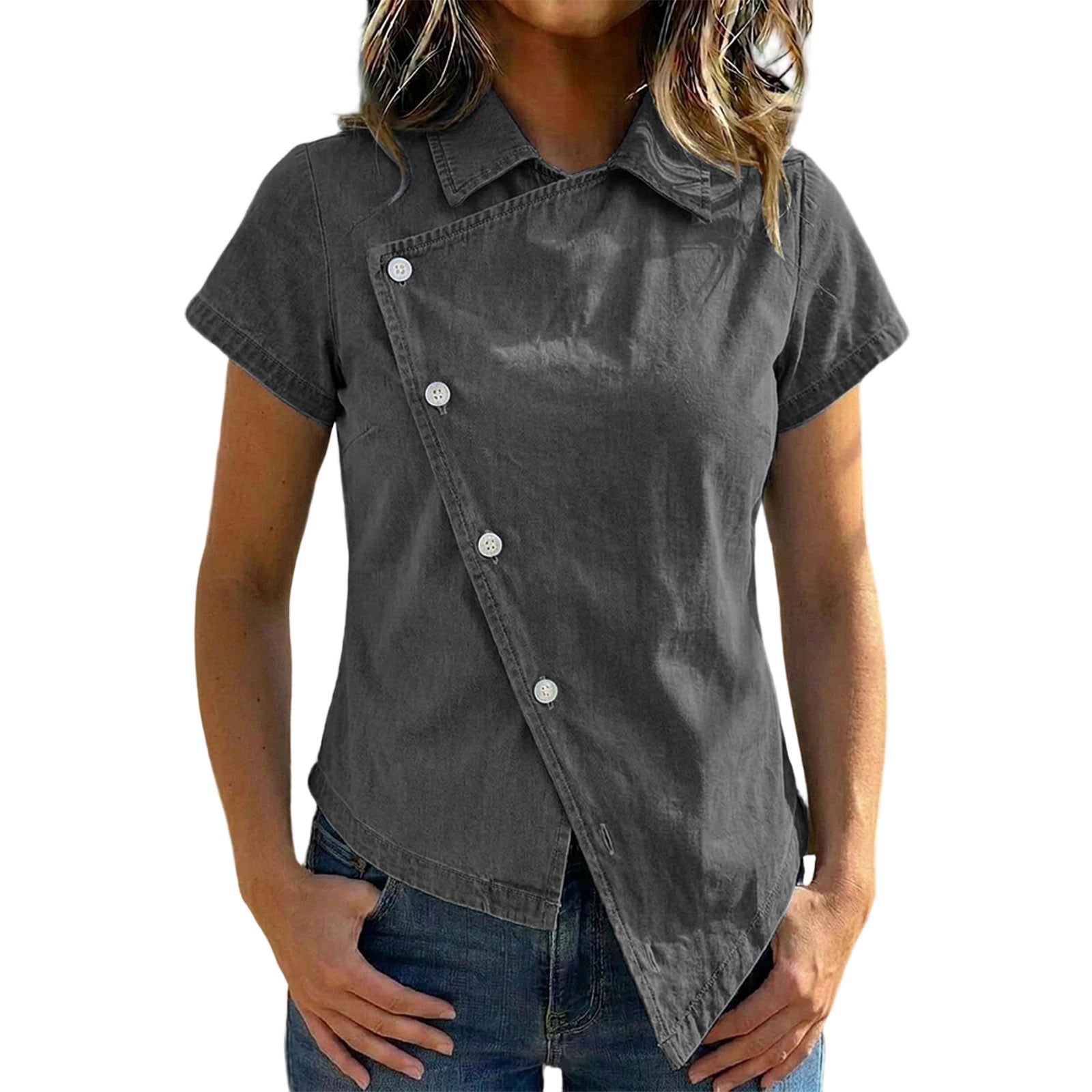 AHTJRT Women's Short Sleeve Asymmetrical Tops Button Down Collared ...