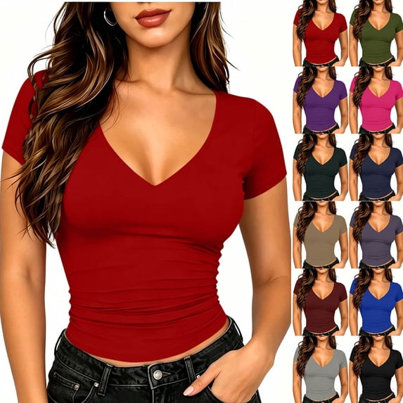 AHTJRT Women's Short Sleeve T Shirts Casual Plunge Deep V Neck Fashion ...