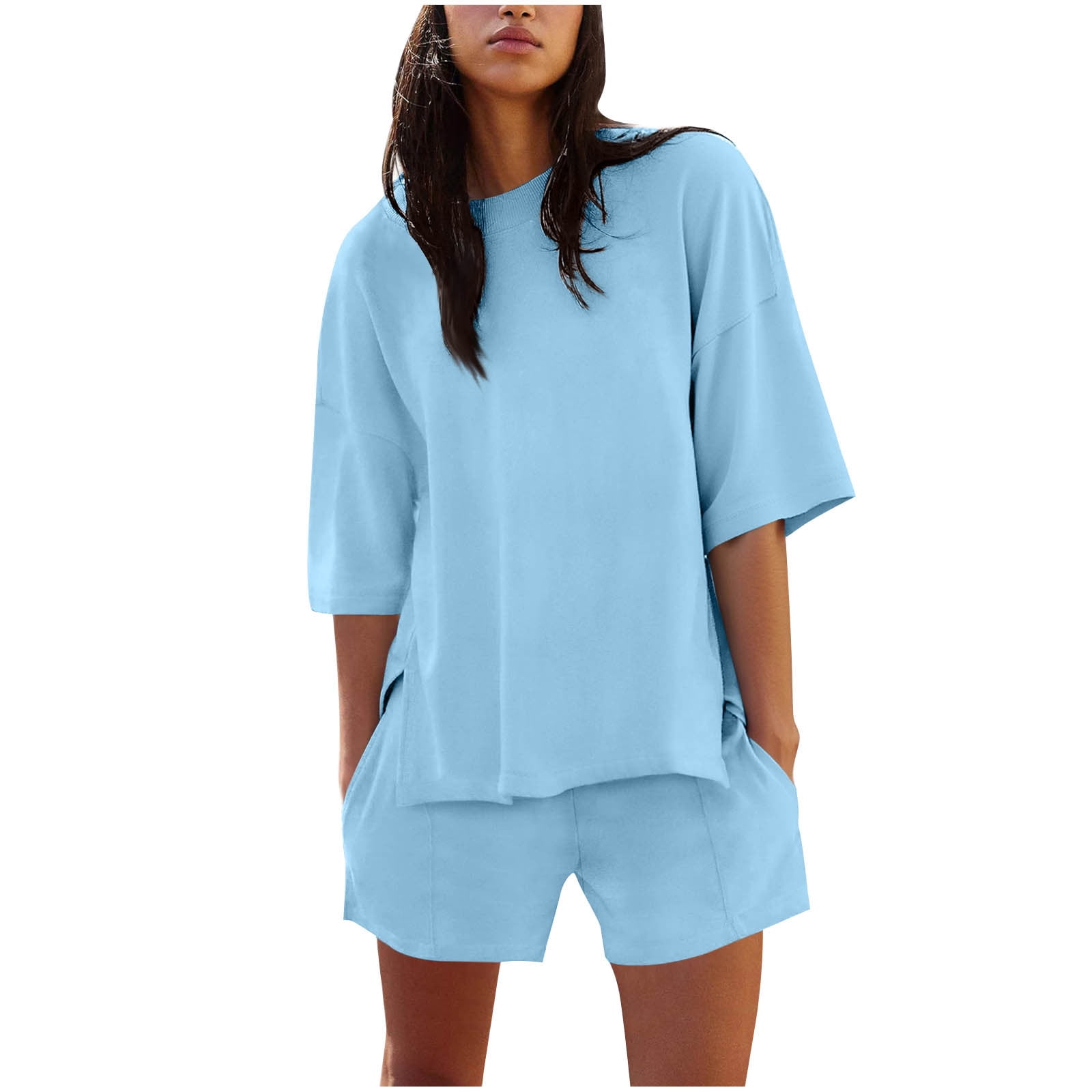AHTJRT Women's Shorts Sets 2 Piece Outfits Fashion Crew Neck Lounge ...