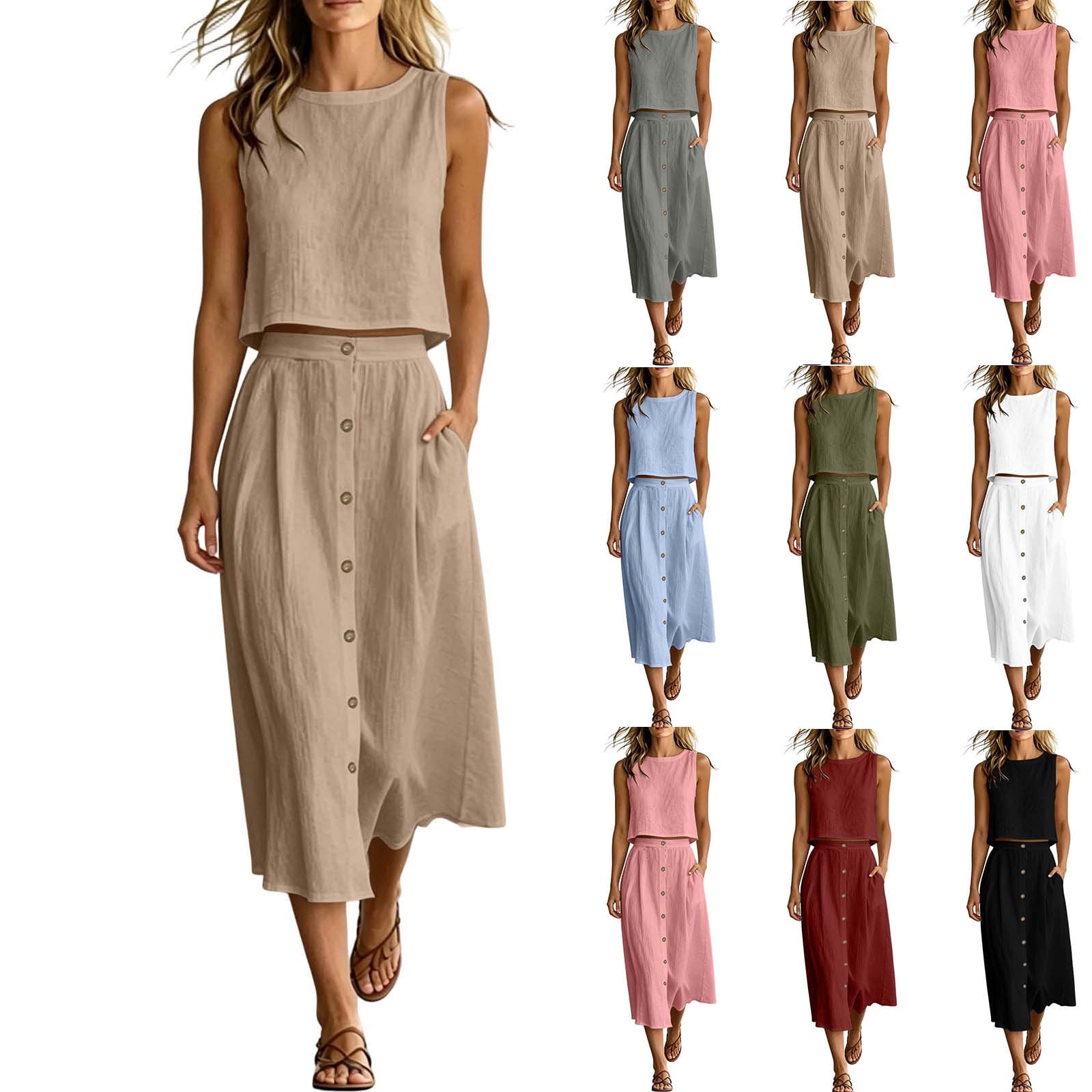 AHTJRT Women's Skirt Sets Sleevelss Crop Tops and Button Down High ...
