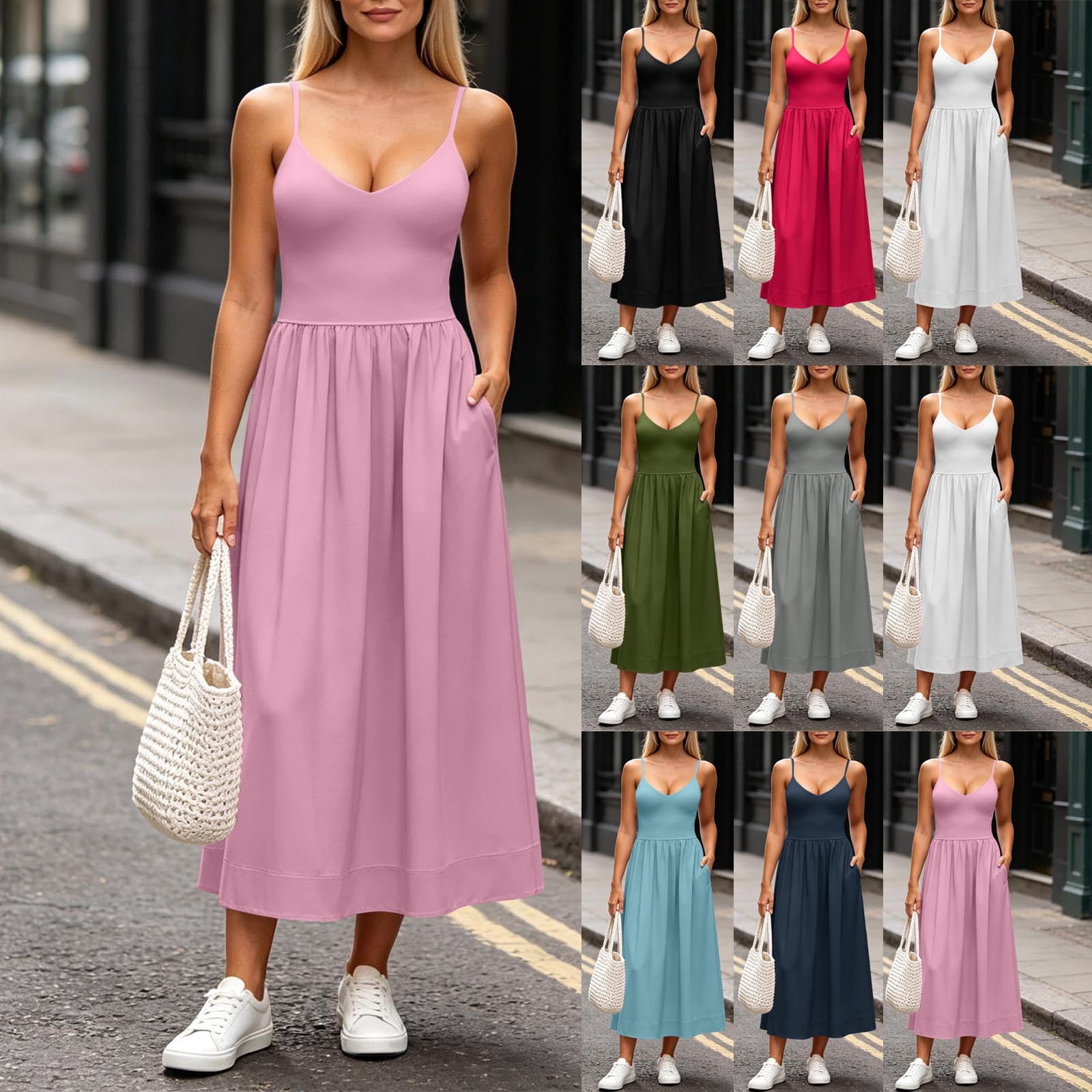 AHTJRT Women's Sleeveless V Neck Maxi Dress Spaghetti Straps Casual ...