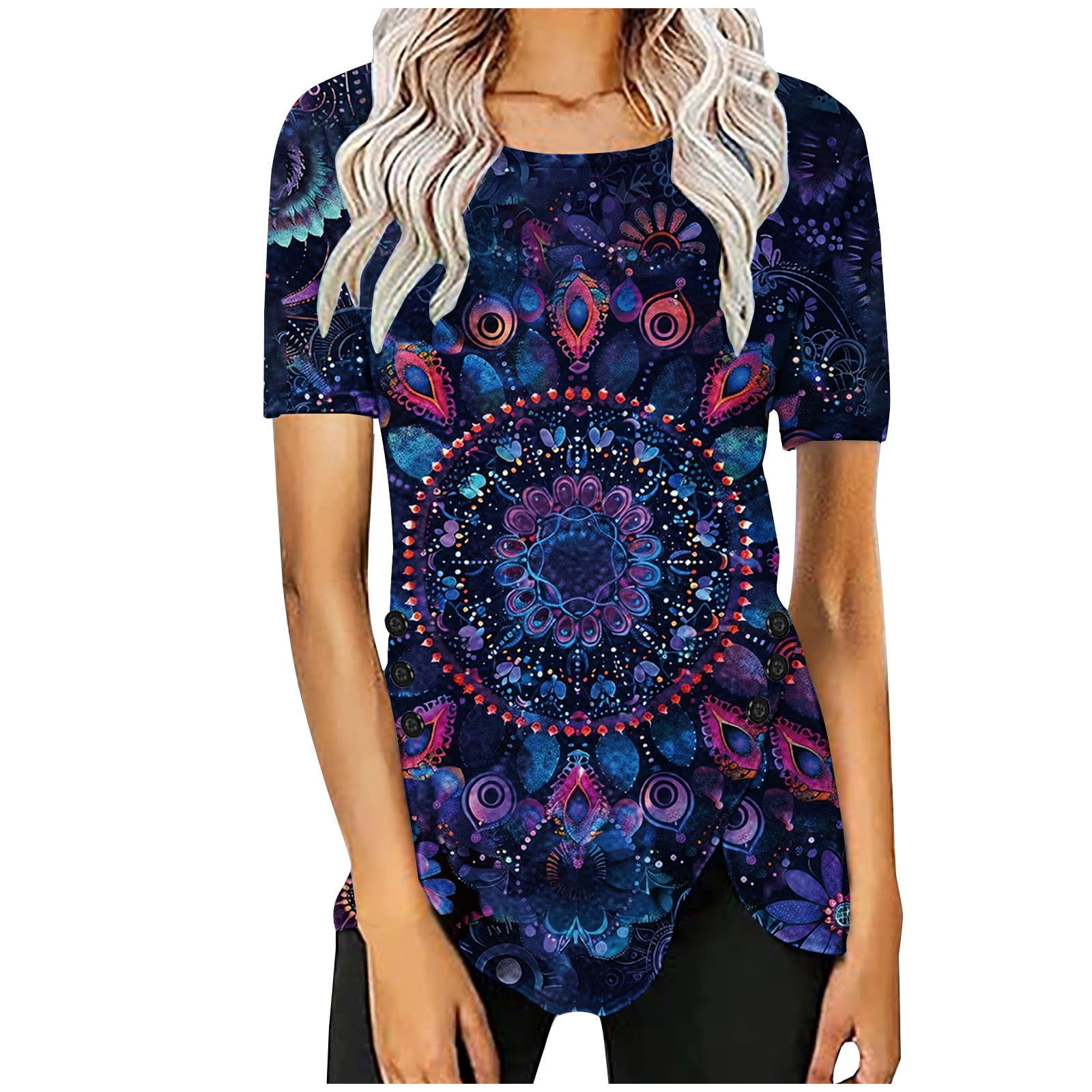 AHTJRT Women's Soft Cotton Plus Size Short Sleeve Crewneck Ethnic ...