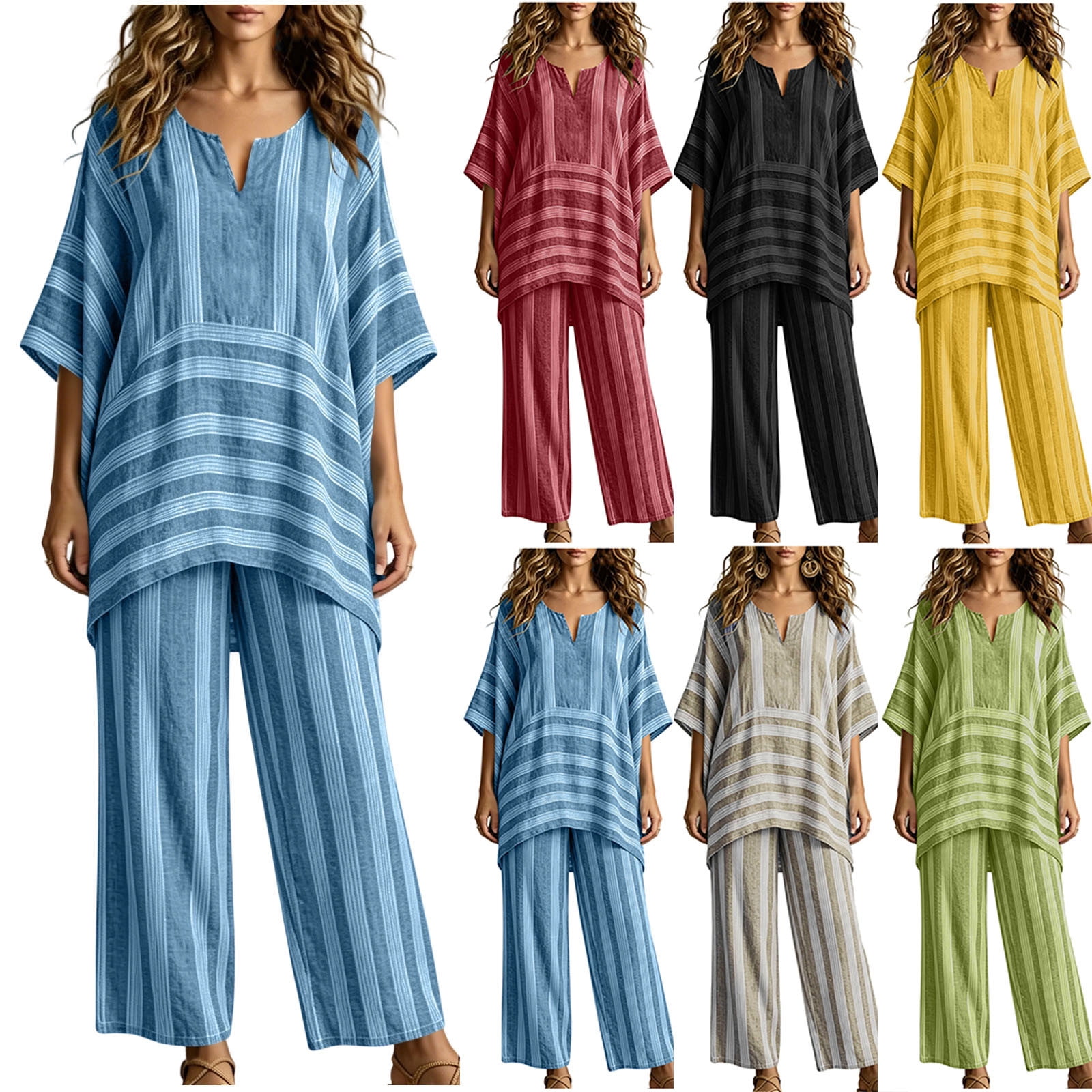AHTJRT Women's Striped 2 Piece Outfits Loose Fit V-Neck Tunic Tops and ...