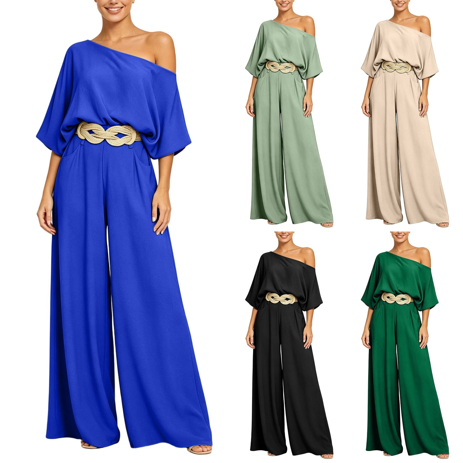 AHTJRT Women's Summer 2 Piece Outfits One Shoulder 3/4 Sleeves Tops ...