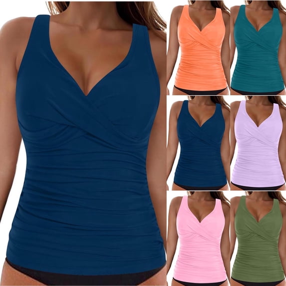 AHTJRT Women's Tankini Tops Ruched Deep V Neck Swim Tops with Chest Pad ...