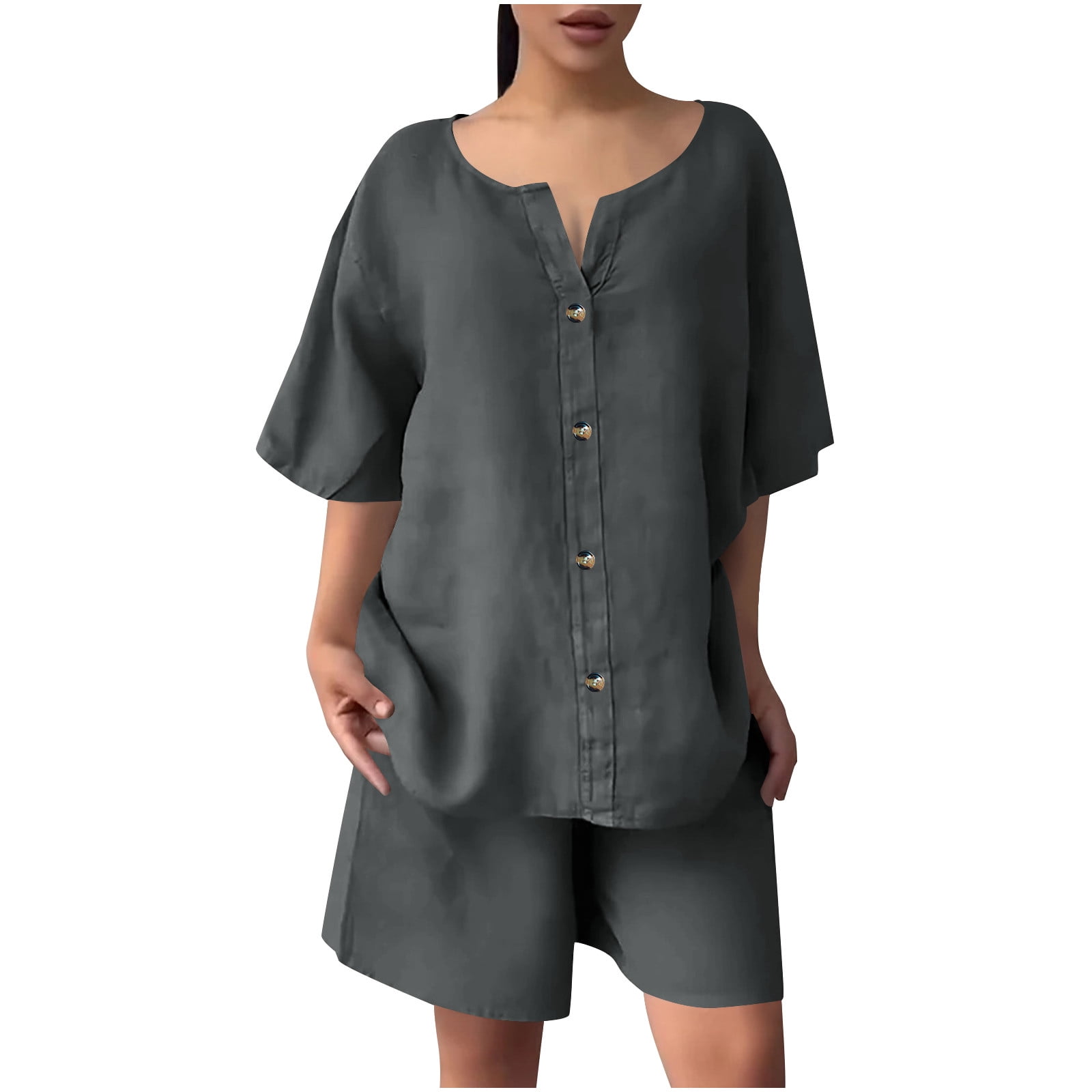 AHTJRT Women's Two Piece Loungwear Set Linen Matching Sets Button Down ...