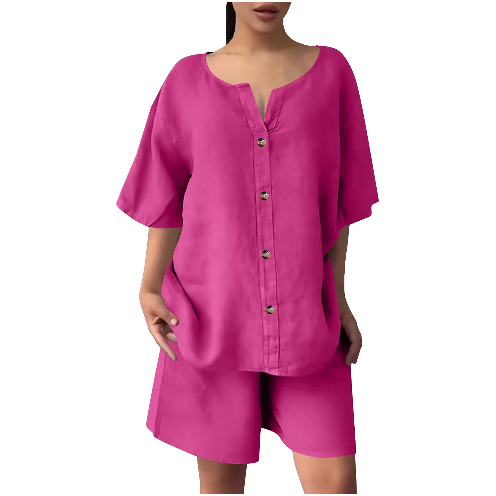 AHTJRT Women's Two Piece Loungwear Set Linen Matching Sets Button Down ...