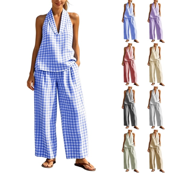AHTJRT Women's Two Piece Set V Neck Sleeveless Tops and Matching Wide ...