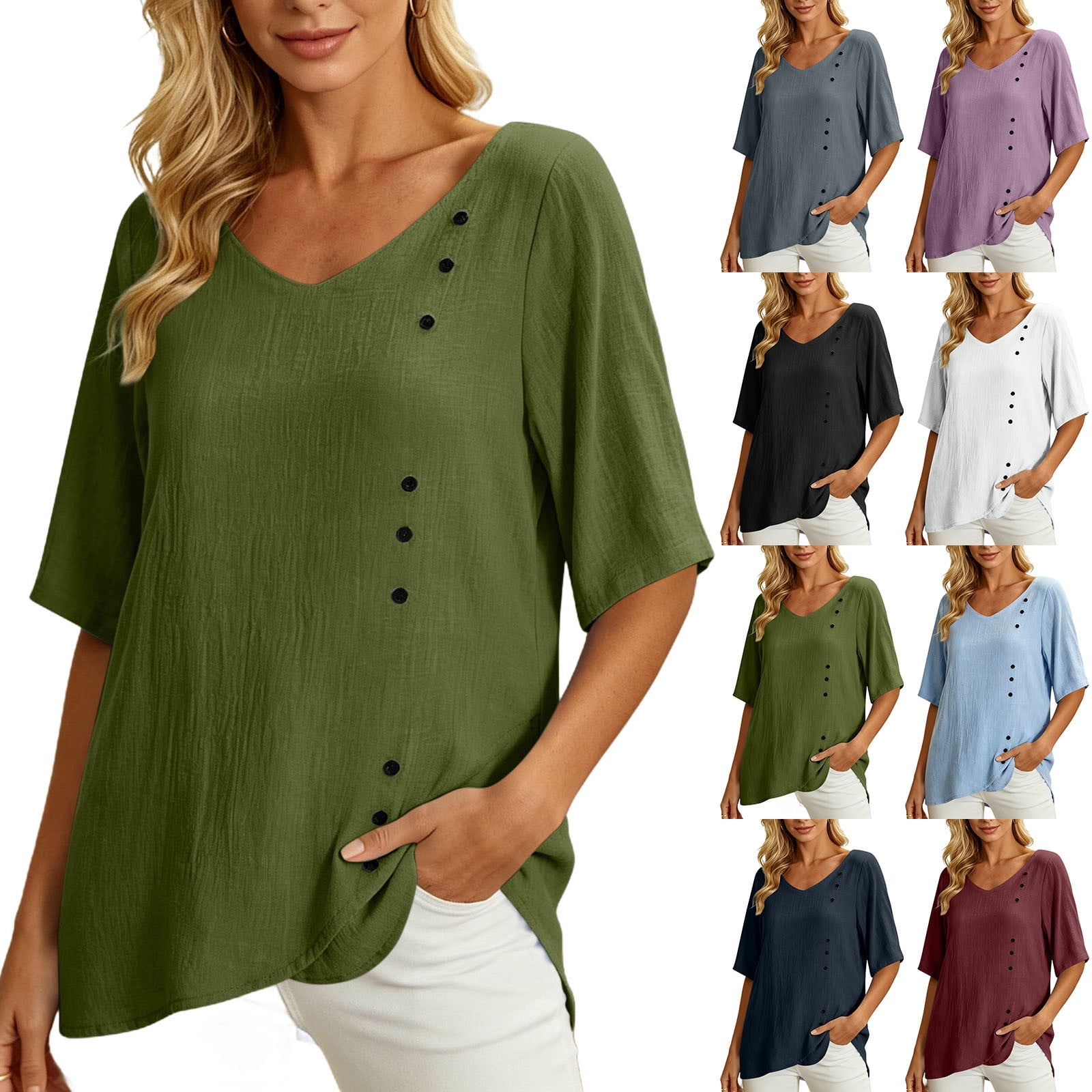 AHTJRT Women's V Neck Shirts 3/4 Sleeve Cotton Linen Plain Tees Button ...