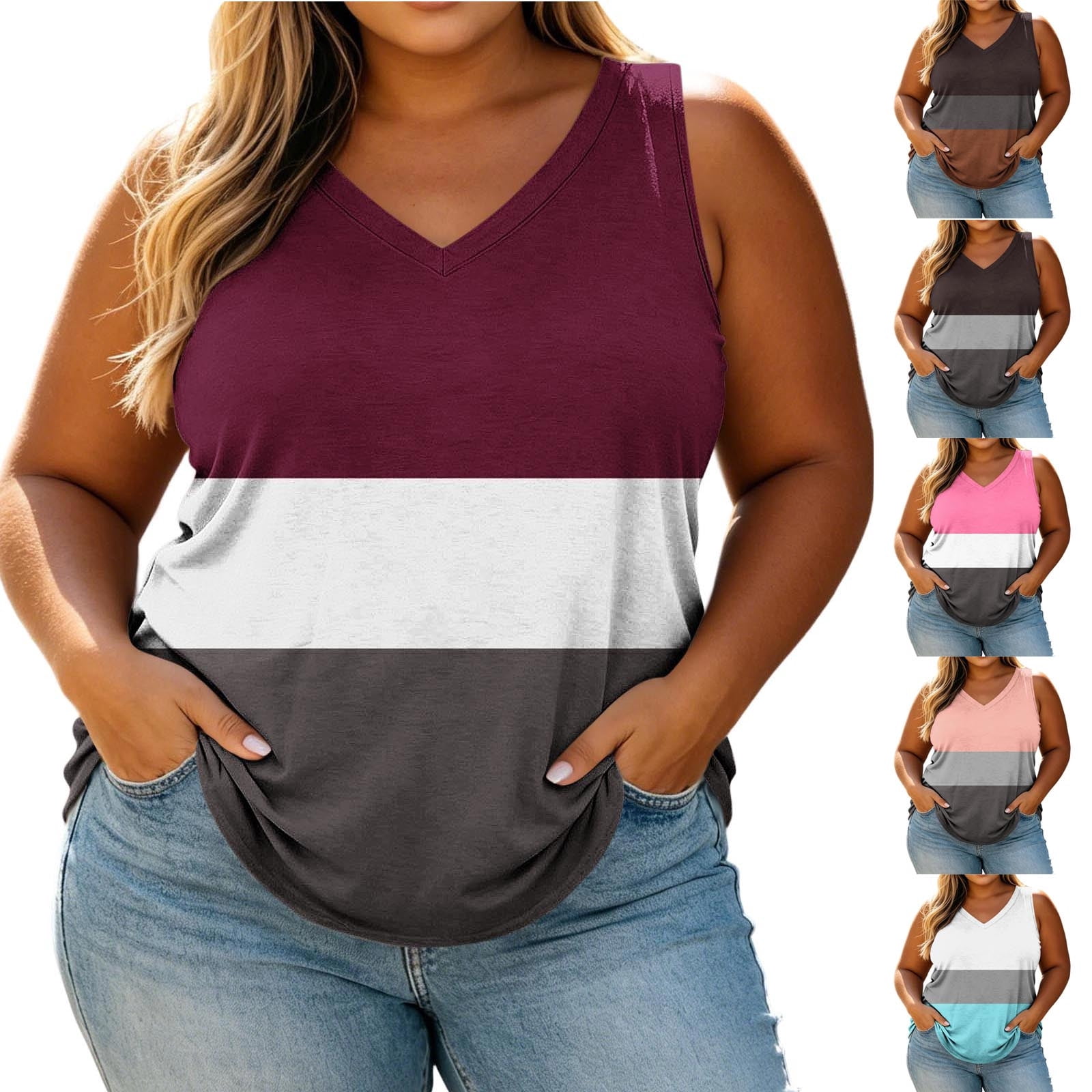 AHTJRT Women's V Neck Tank Top Plus Size Striped Color Block Tank ...