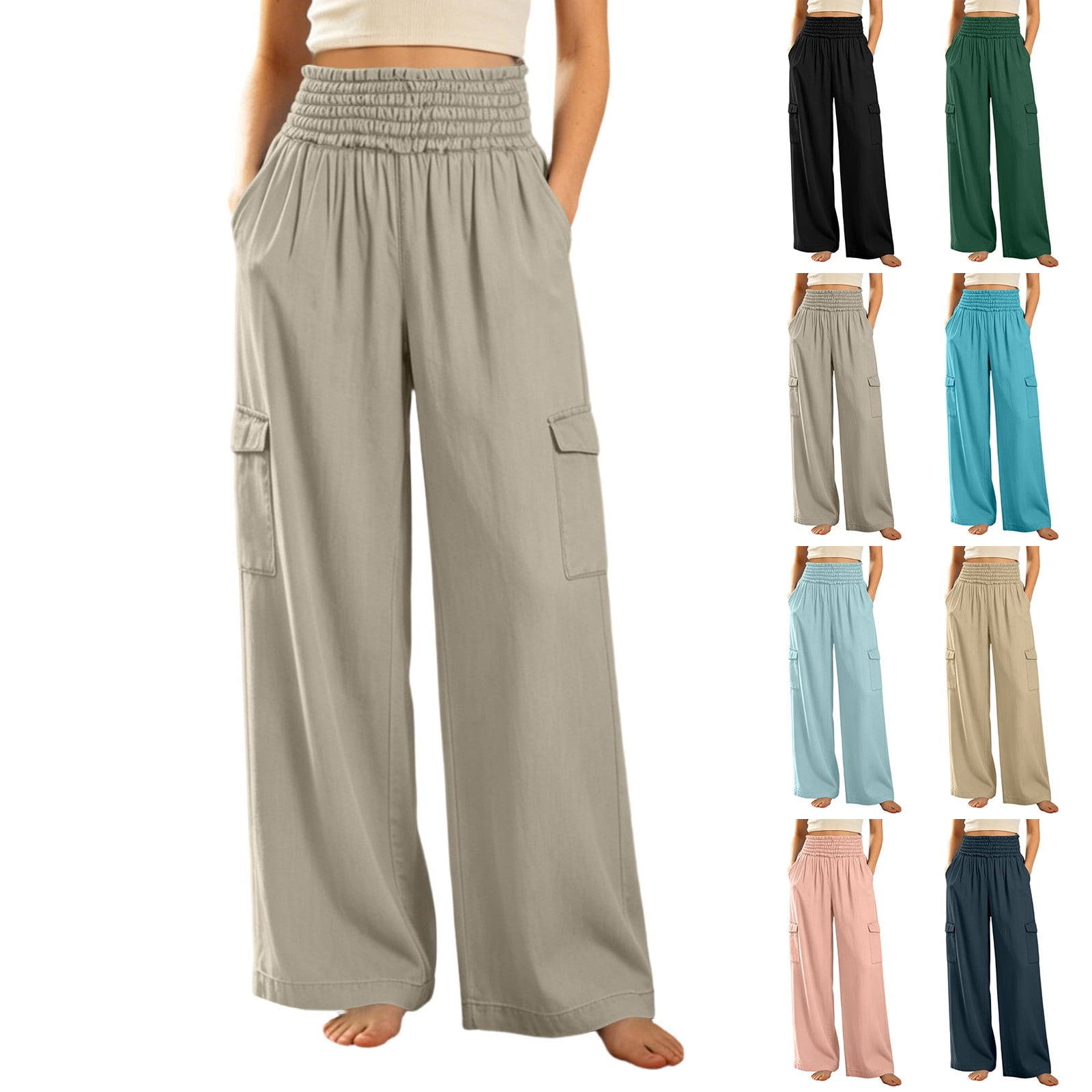 AHTJRT Women's Wide Leg Cargo Pants Summer Smocked High Elastic Waist ...