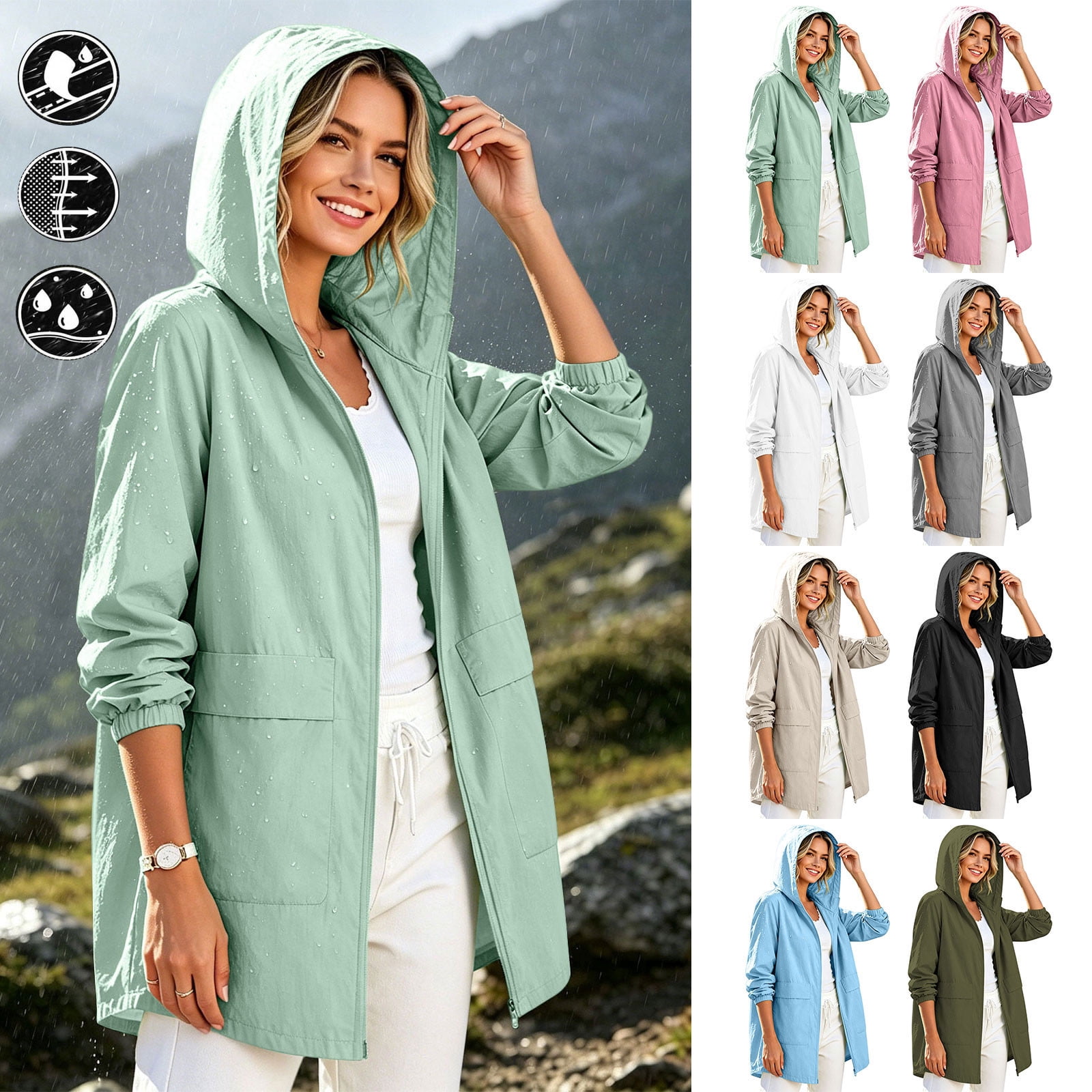 AHTJRT Women's Windbreaker Zip-Up Hoodies UPF 50+ UV Protection Outdoor ...