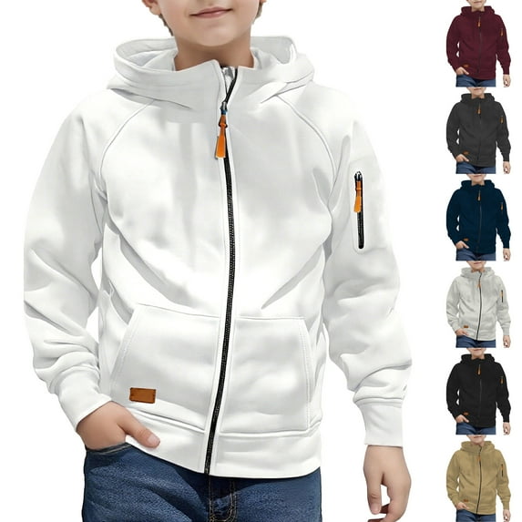 AHTJRT Zip-Up Jackets for Boys Solid Color Long Sleeve Hooded ...