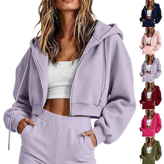 AHTJRT Zip-Up Sweatshirts for Women Long Sleeve Drawstrings Cropped ...