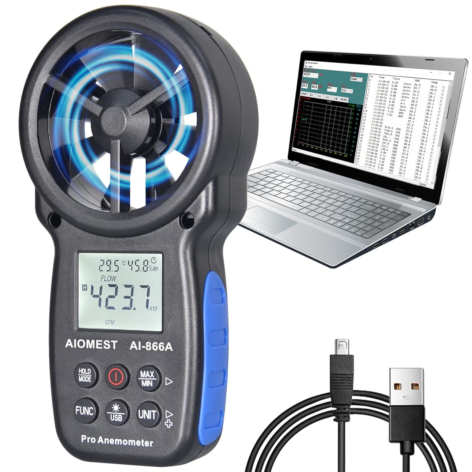 AI-866A HVAC CFM Anemometer, Handheld Digital Air Flow Meter for Measuring Wind Speed, Airflow ...