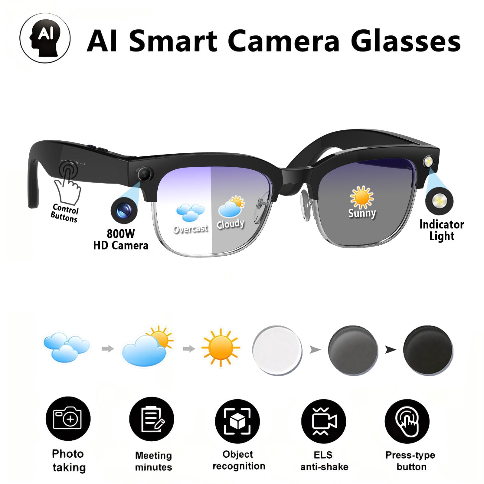 AI Camera Smart Glasses with 1080P HD Recording & Real-Time Translation ...