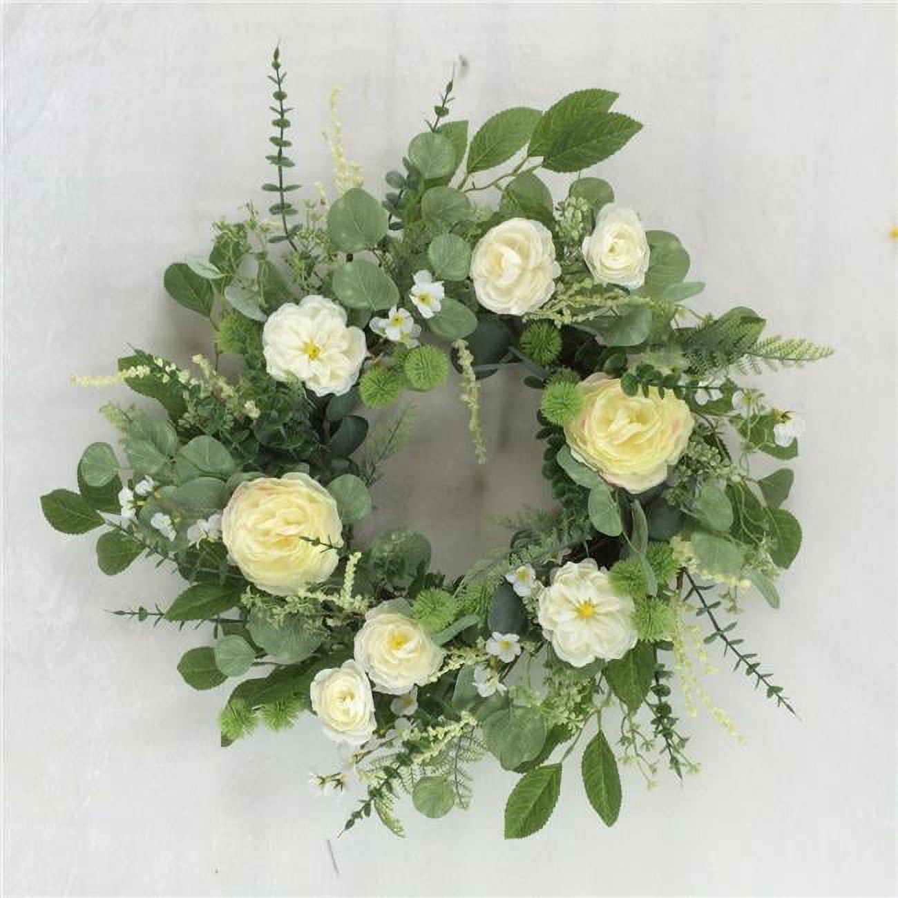 AI-FL7125-Q12 Green Leaves with Cream Color Flowers Wreath - Set of 12 ...