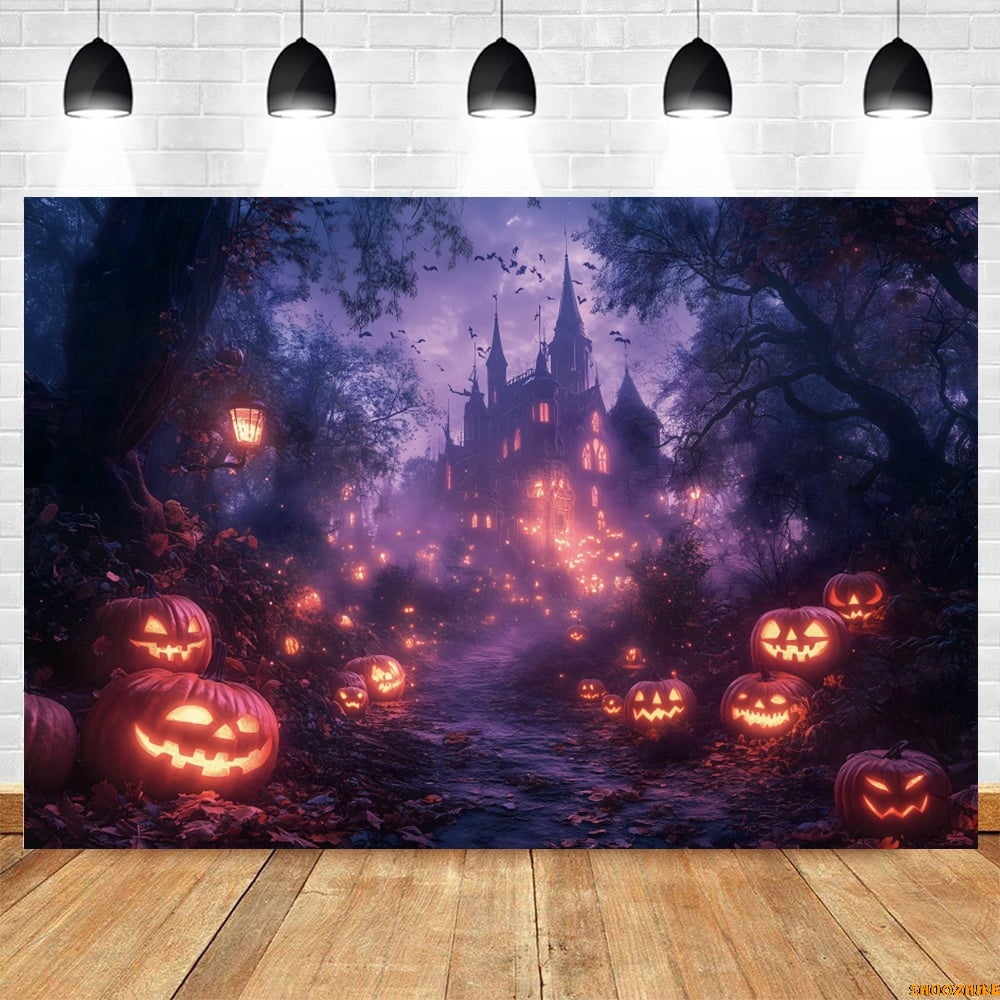 AI Hallowe Pumpkin Lantern Night Forest Castle Backdrop Kids Birthday ...