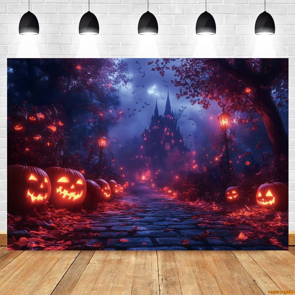 AI Hallowe Pumpkin Lantern Night Forest Castle Backdrop Kids Birthday ...