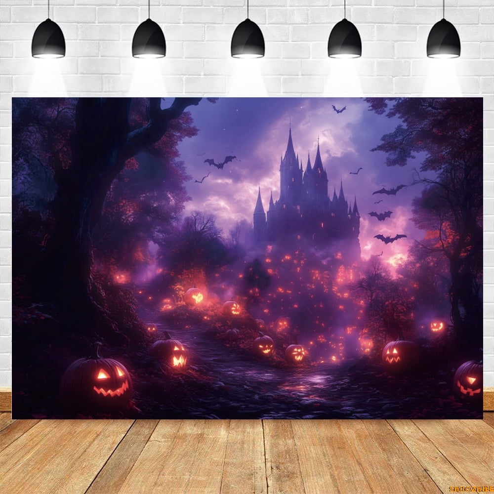 AI Hallowe Pumpkin Lantern Night Forest Castle Backdrop Kids Birthday ...