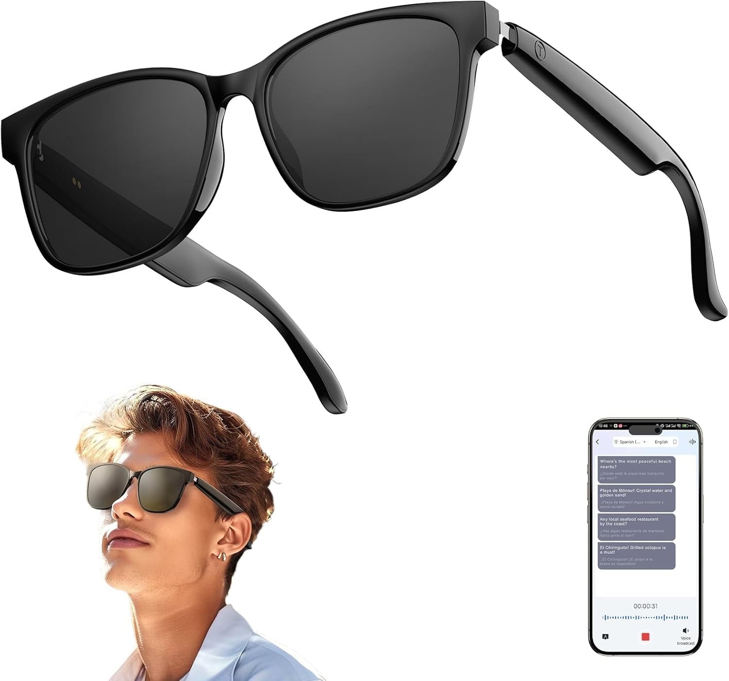 AI Smart Glasses, Bluetooth 5.4 Translation Glasses with 144 Language ...