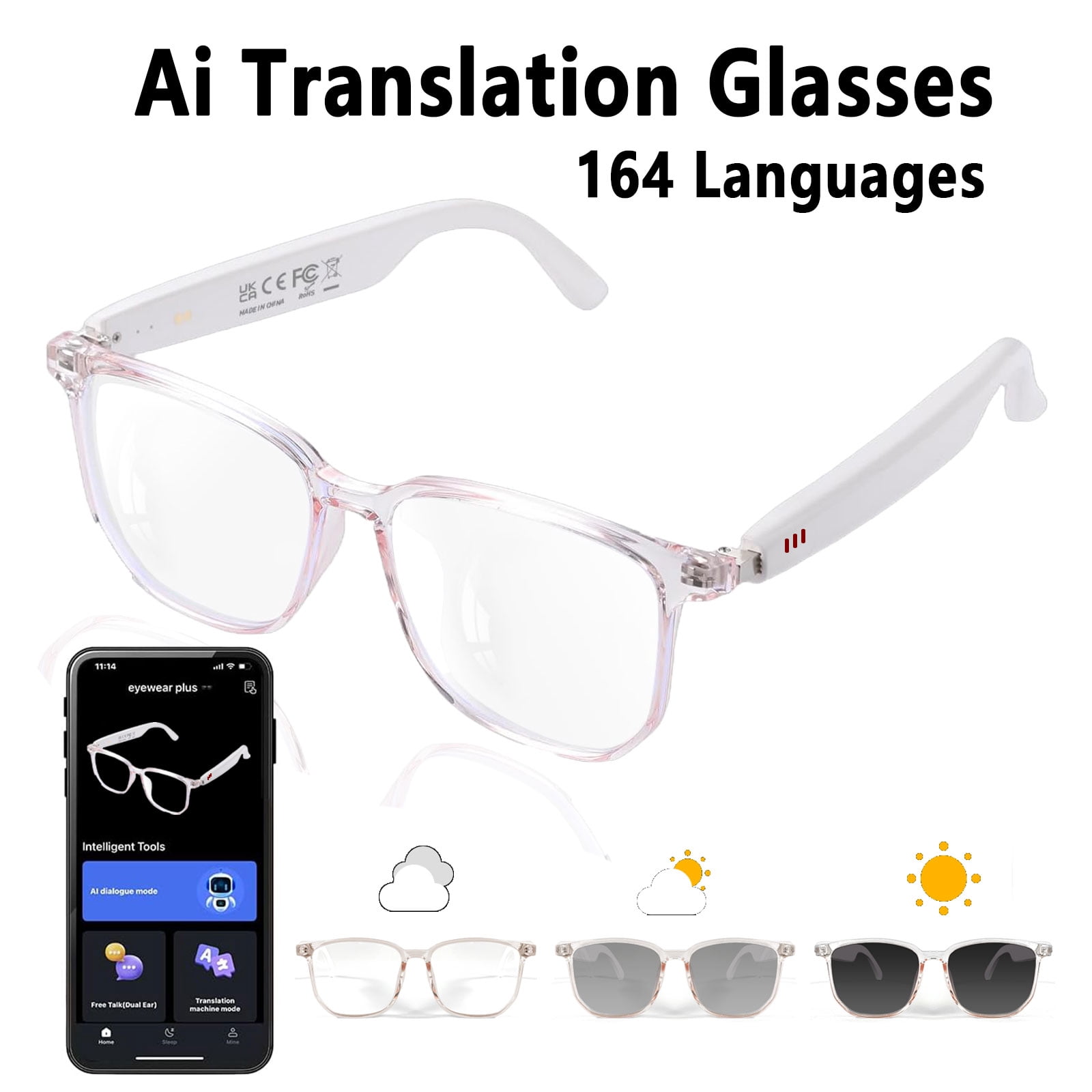 AI Smart Translation Glasses with 164-Language, Photochromic Lenses ...