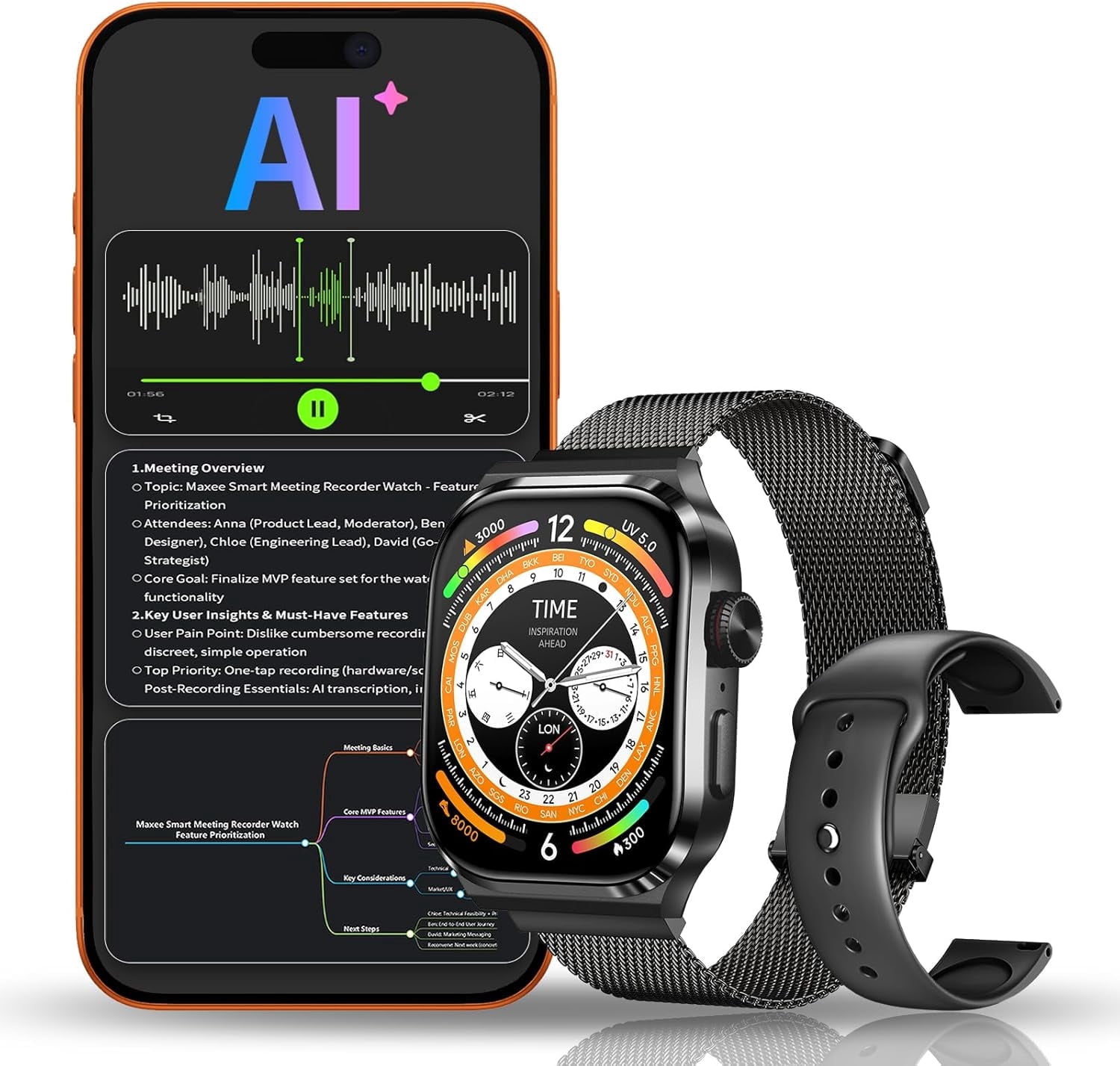 AI Smart Watch with Voice Recorder, Transcribe & Summarize with AI for ...