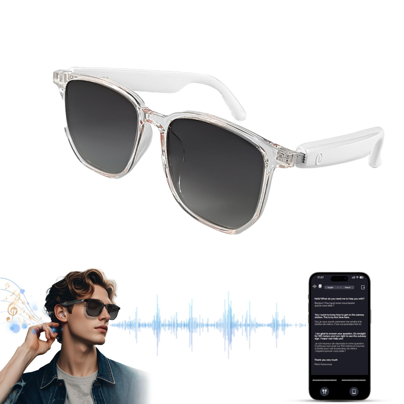 AI Translation Glasses with Bluetooth, Smart Glasses for Men and Women ...