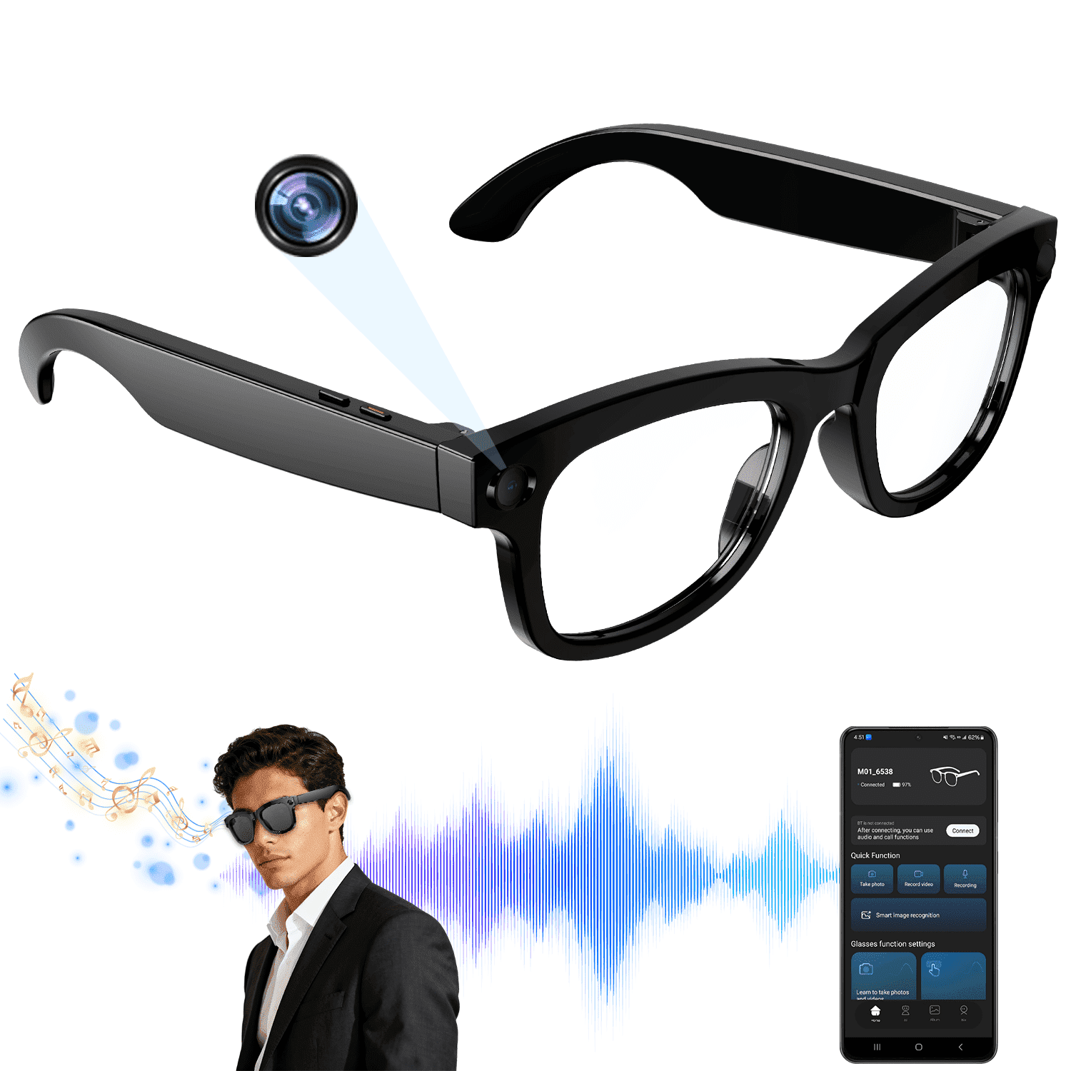 AI Smart Glasses with Camera, 1080P Video Recording Sunglasses, ENC ...