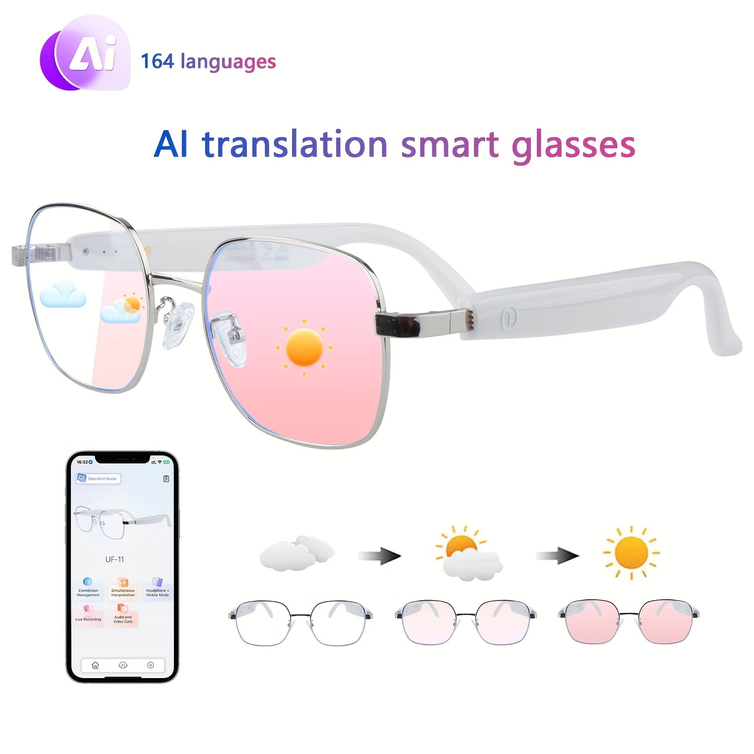 AI Translation Smart Glasses with ChatGPT, 164-Language Real-Time Translation, Auto-Tinting ...